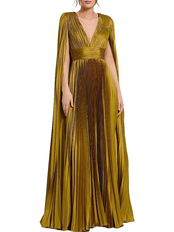 Mac Duggal Pleated Charmeuse Gown With Cape Sleeves - Chartreuse