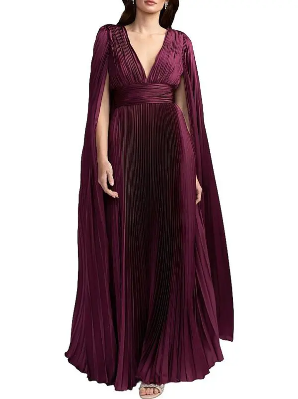 Mac Duggal Pleated Charmeuse Gown With Cape Sleeves - Plum