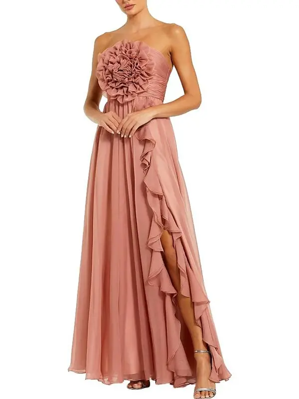 Mac Duggal Strapless Chiffon Gown With Oversized 3d Flower Applique - Rose