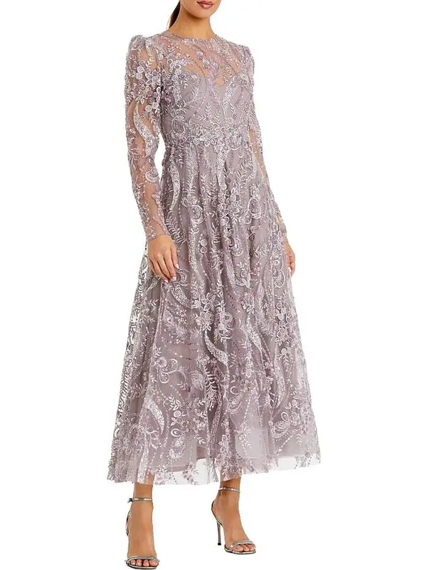 Mac Duggal Floral Embroidered High Neck Long Sleeve Dress - Mauve