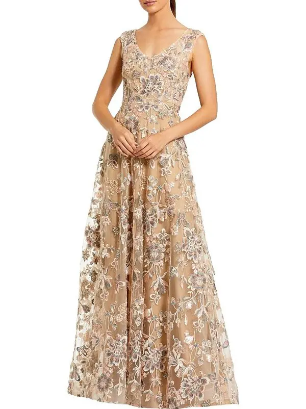 Mac Duggal Sleeveless V-neck Gown With Floral Embroidery - Taupe