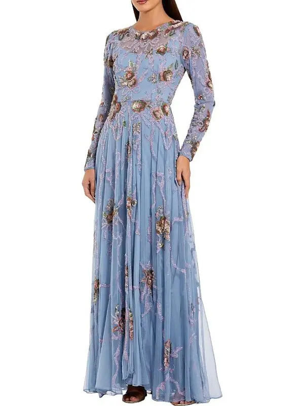 Mac Duggal Long Sleeve Embellished Floral A-line Gown - Slate Blue