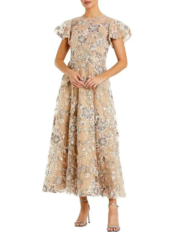 Mac Duggal Embroidered Floral Mesh A-line Midi Dress - Nude
