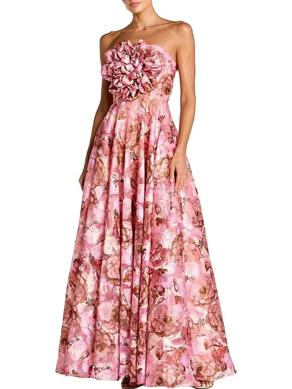 Mac Duggal Strapless Floral Printed A-line Gown With 3d Flower Embellishment - Rose Multi