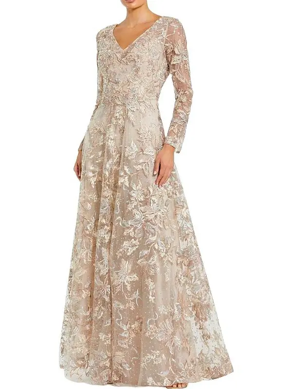 Mac Duggal Embellished Illusion Long Sleeve Gown - Champagne