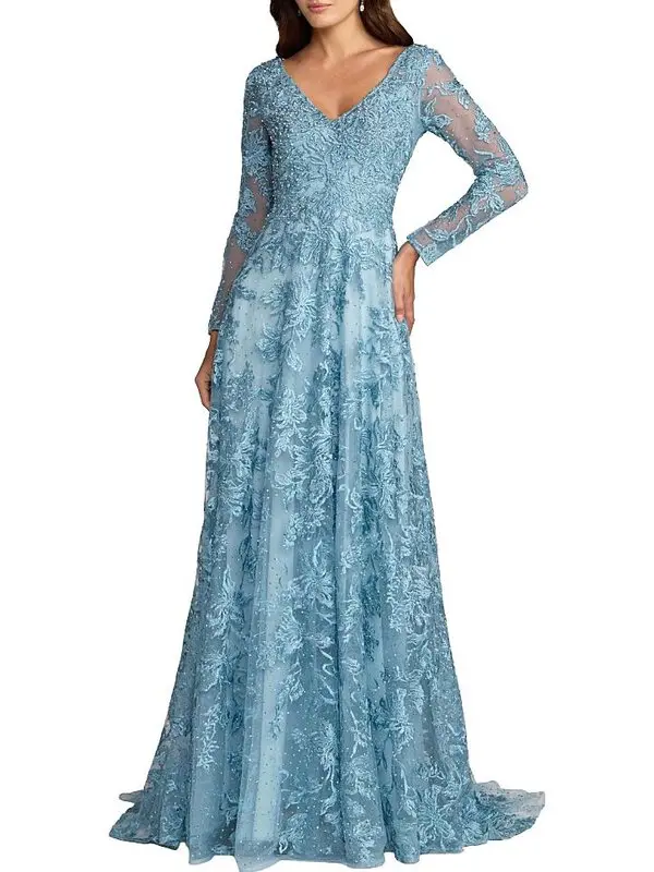 Mac Duggal Embellished Illusion Long Sleeve Gown - French Blue