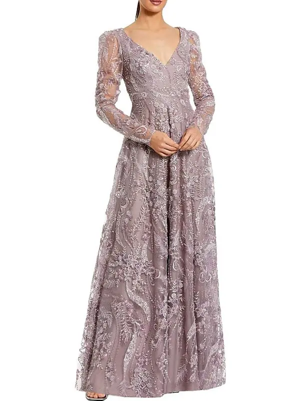 Mac Duggal Floral Embroidered V-neck Gown - Vintage Lilac