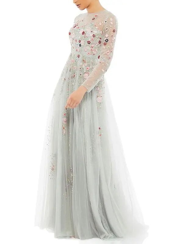 Mac Duggal Embroidered Illusion High Neck Long Sleeve A-line Gown - Platinum Multi