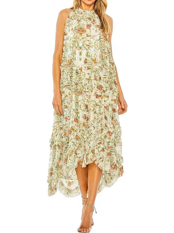 Mac Duggal Sleeveless High Neck Lattice Ruffle Floral Dress - Ivory Multi