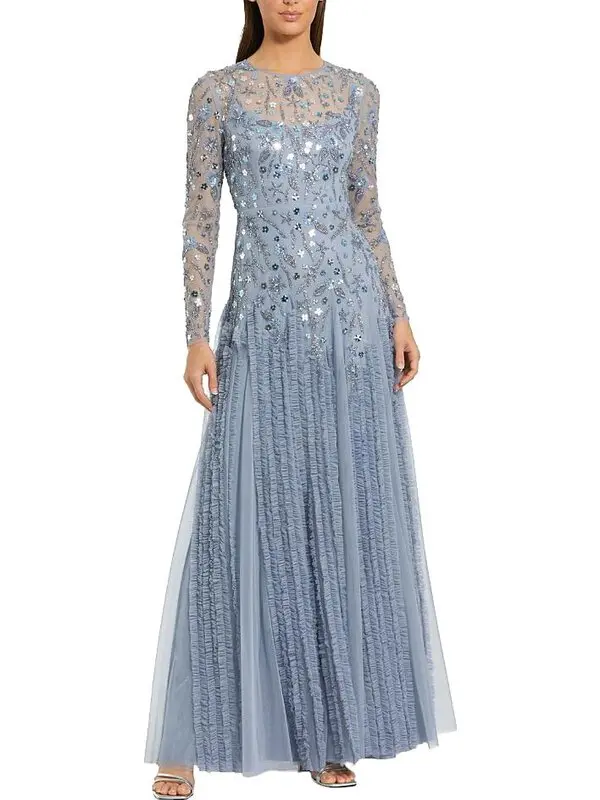 Mac Duggal Embellished Mesh Long Sleeve Ruffle Hem Gown - Slate Blue
