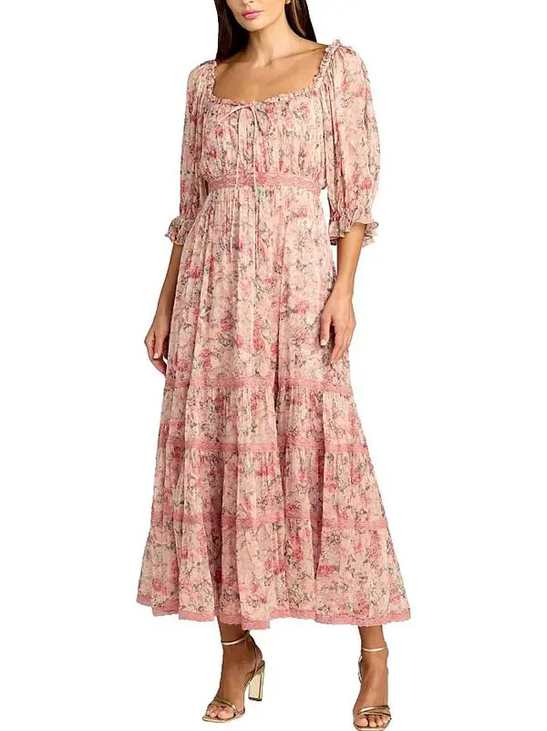 Mac Duggal Floral Printed Scoop Neck Midi Dress With 3/4 Sleeves - Pink Multi
