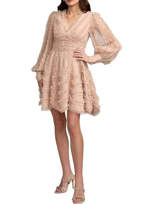 Mac Duggal Ruffled V-neck Long Sleeve Mini Dress - Bisque