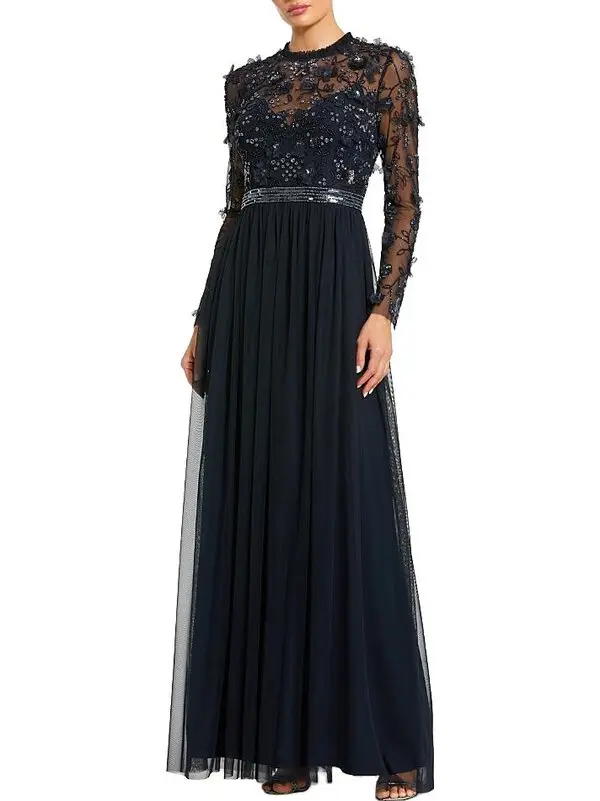 Mac Duggal Embellished Illusion High Neck Long Sleeve Gown - Midnight