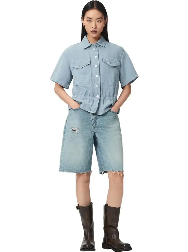 ALLSAINTS Tove Short Sleeve Linen Blend Shirt - Light Blue