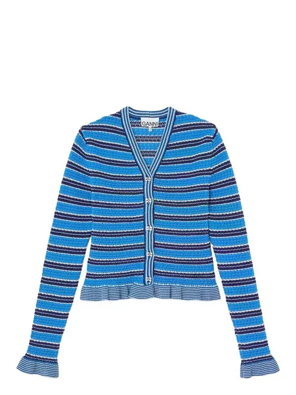 GANNI Striped Pointelle-knit Cardigan - Blue