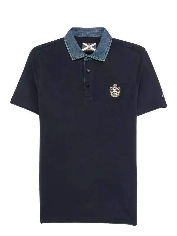 JOHNNY LAMBS Avvocato Denim-collar Crest-patch Polo Shirt - Blue