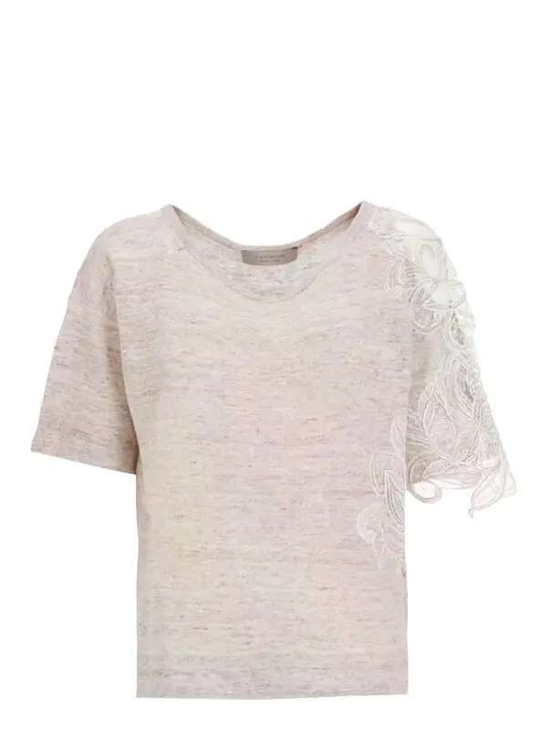 D.exterior Lace Appliqué Fine-knit T-shirt - Neutrals