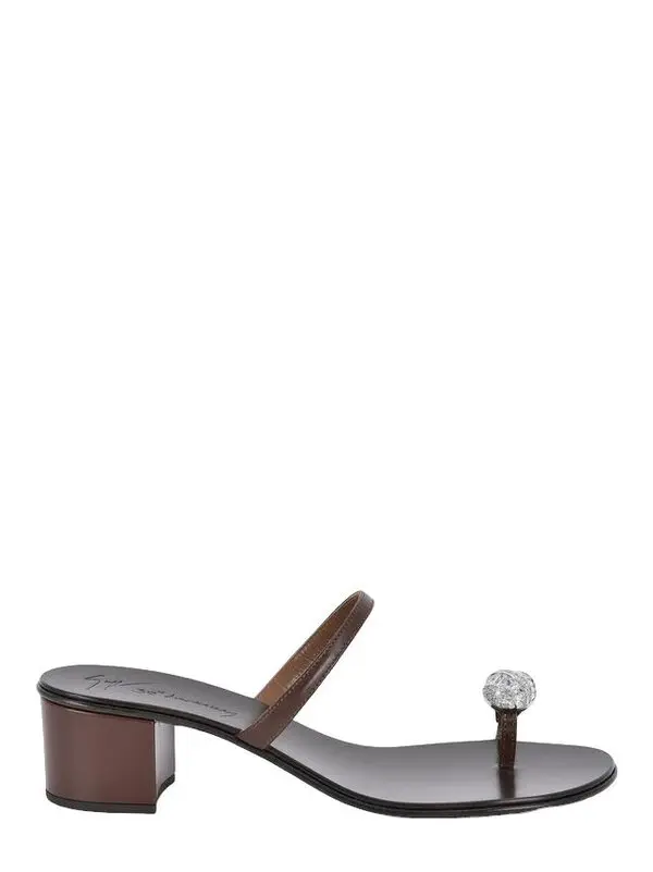 GIUSEPPE ZANOTTI Leather Thong Sandal With Rhinestone Ring Accessory - Brown
