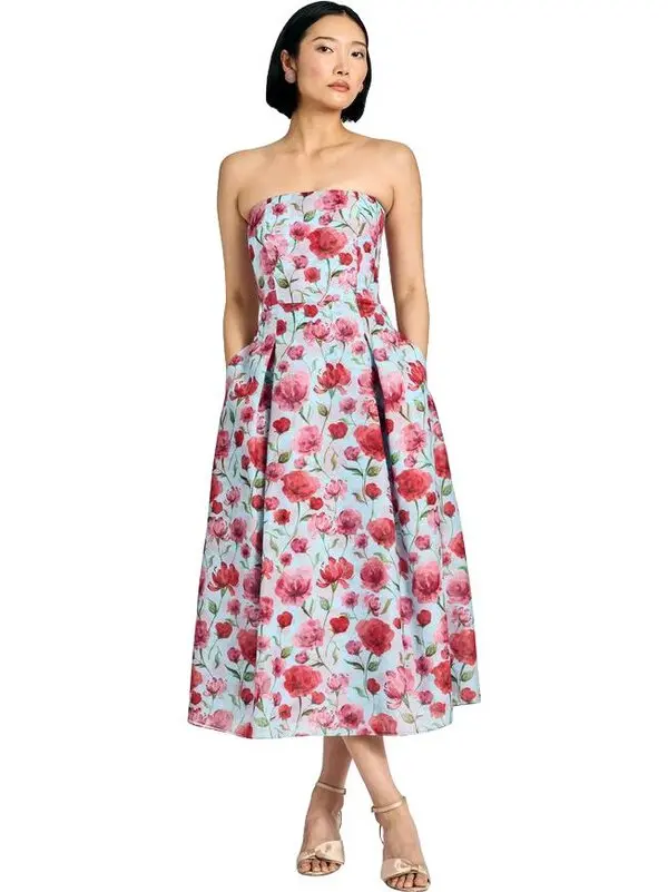 Sachin & Babi Strapless Tea-length A-line Dress With Sky Poppies Print - Floral