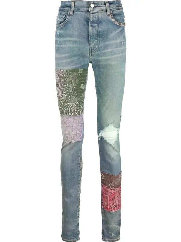 Amiri Distressed Patchwork Skinny Jeans - Blue