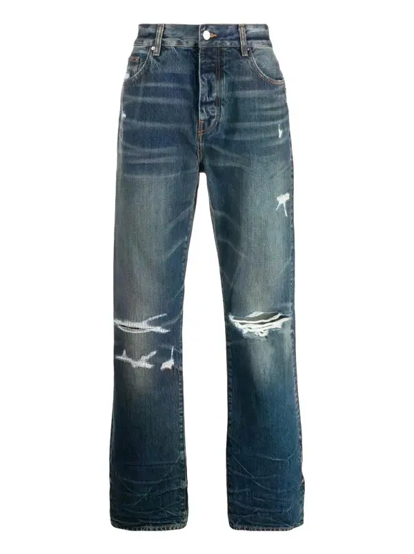 Amiri Logo-patch Ripped Detailing Straight-leg Jeans - Blue