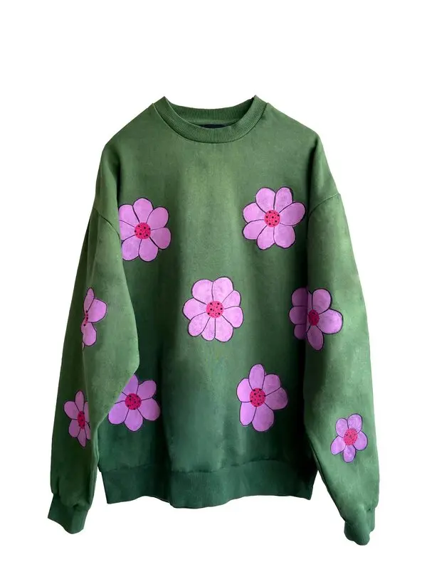 QUILLATTIRE Hand-painted Floral Sweatshirt - Green/pink