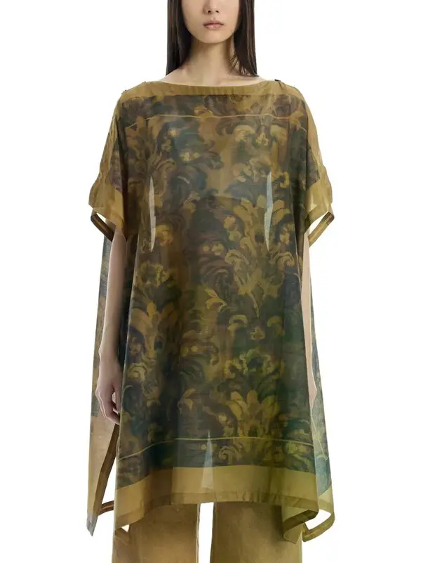 INTO THE EAST Damask Print Button Detail Top - Brown