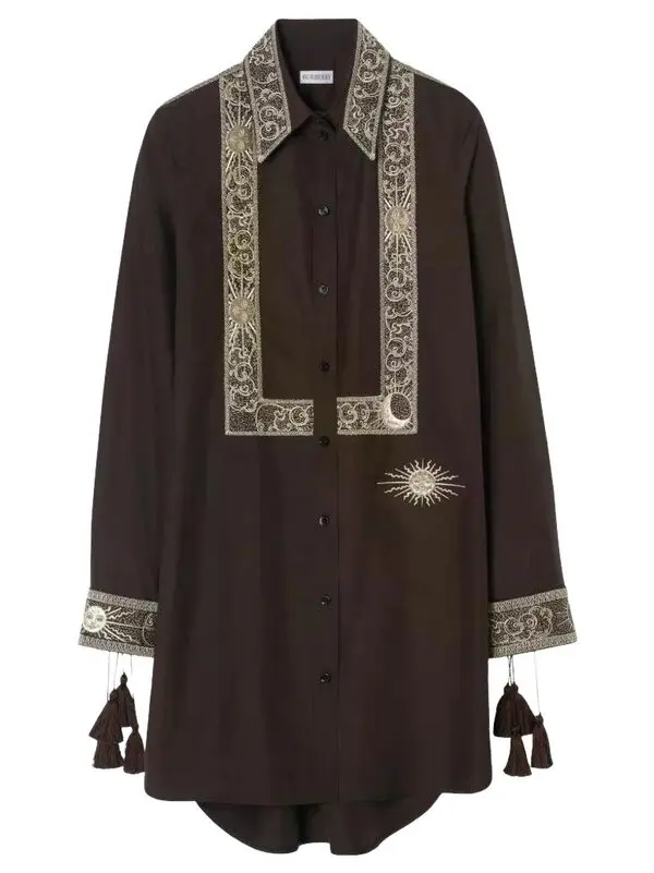 Burberry Embroidered Silk Shirt Dress - Brown