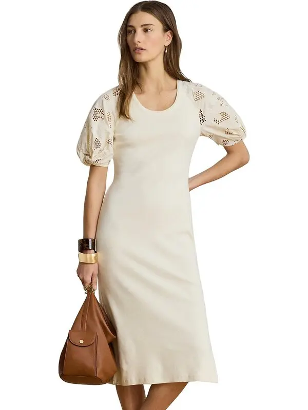 Ralph Lauren Rib-knit Cotton Eyelet Puff Sleeve Midi Dress - Mascarpone Cream