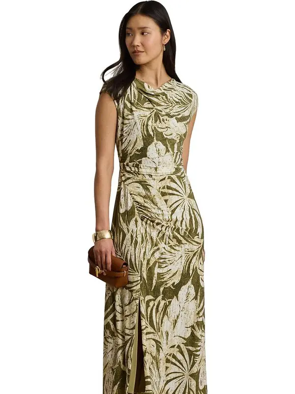 Ralph Lauren Palm Frond Print Jersey Cowl Neck Midi Dress - Olive Multi
