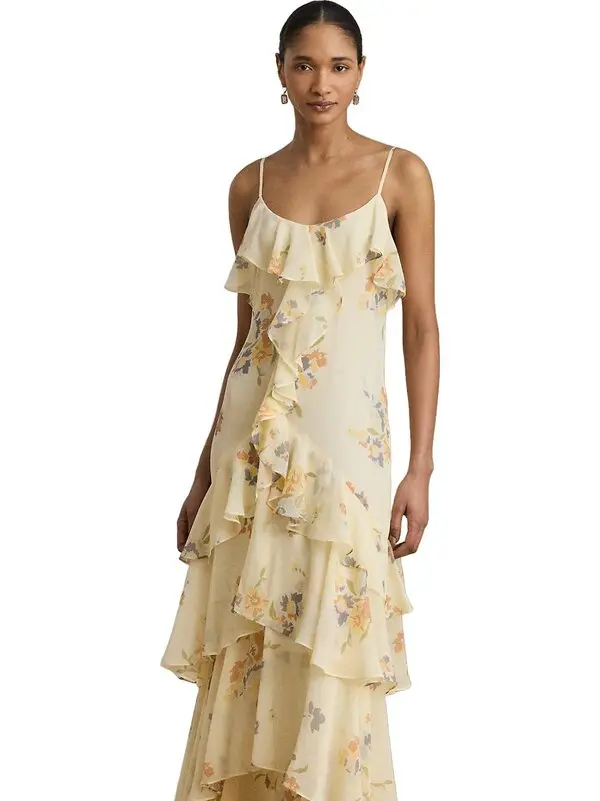 Ralph Lauren Floral Ruffle-trim Georgette Gown - Cream Multi