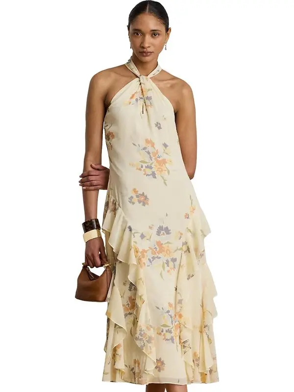 Ralph Lauren Floral Ruffle-trim Halter Cocktail Dress - Cream Multi