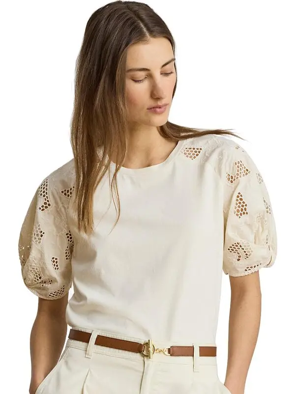 Ralph Lauren Eyelet Bubble Sleeve Cotton Top - Mascarpone Cream