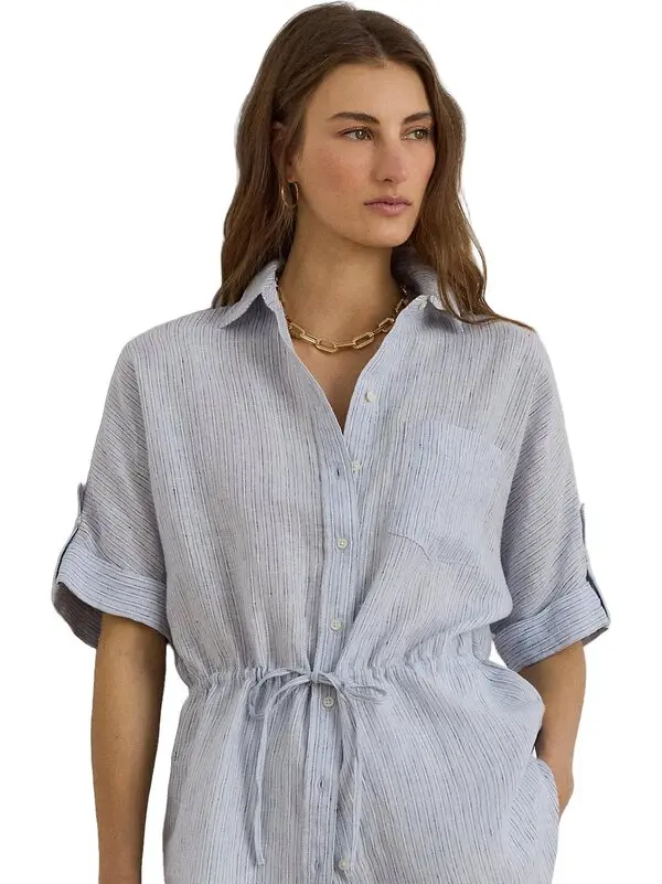 Ralph Lauren Striped Linen Roll-tab Sleeve Tunic Shirt - Blue Multi