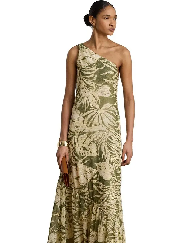 Ralph Lauren Print Georgette One-shoulder Gown - Olive Multi