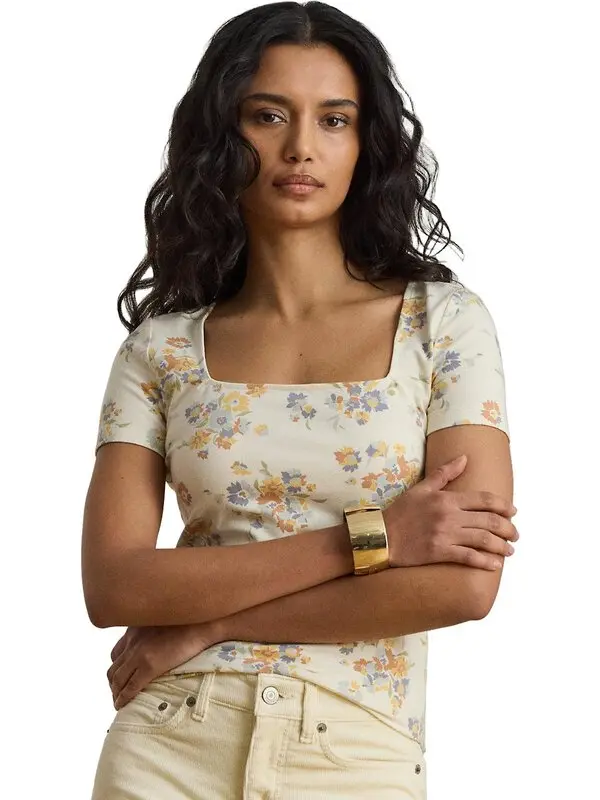 Ralph Lauren Floral Cotton Jersey Square-neck Top - Cream Multi