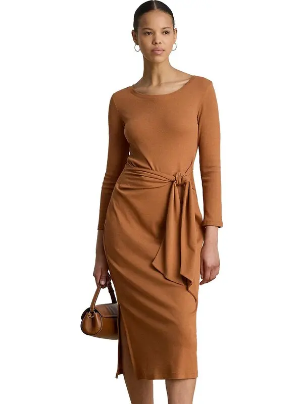 Ralph Lauren Tie-front Rib-knit Cotton-blend Crewneck Dress - Red Terracotta