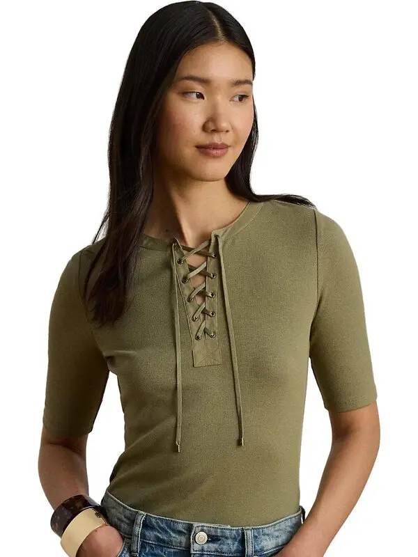 Ralph Lauren Lace-up Ribbed Elbow-sleeve Tee - Light Agave