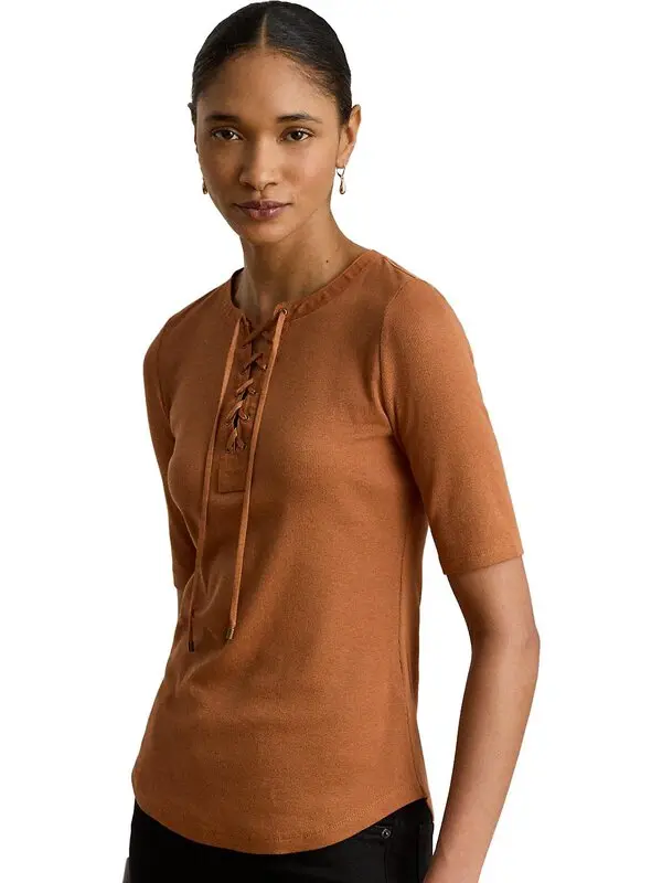 Ralph Lauren Lace-up Ribbed Elbow-sleeve Tee - Red Terracotta