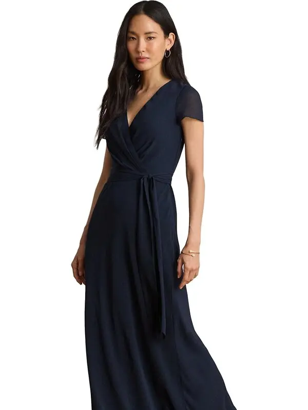 Ralph Lauren Belted Crinkle Georgette Gown - Lauren Navy