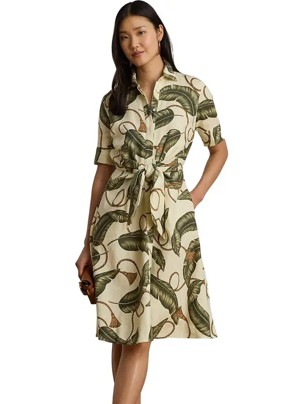 Ralph Lauren Tie-front Linen Shirtdress With Rope Print - Cream Multi