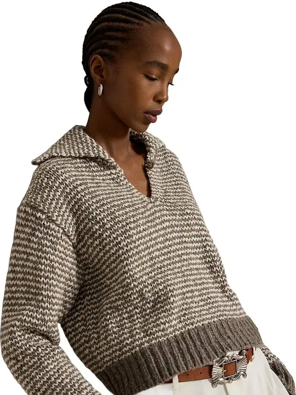 Ralph Lauren Striped Cotton-blend Collared Sweater - Stone Grey/cream Stripe
