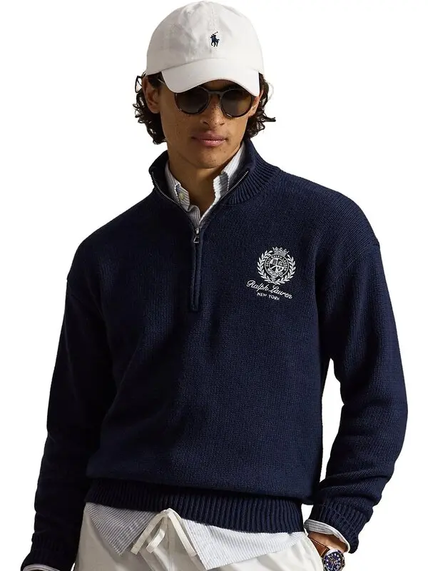 Ralph Lauren Relaxed Fit Cotton Quarter-zip Sweater With Embroidered Crest - Hunter Navy