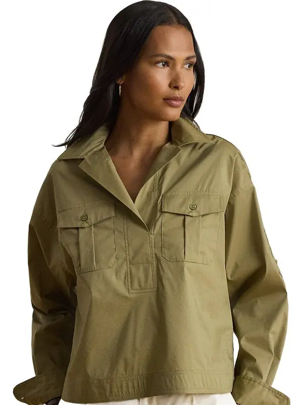 Ralph Lauren Lace-up Trim Cropped Cotton-blend Shirt - Light Agave