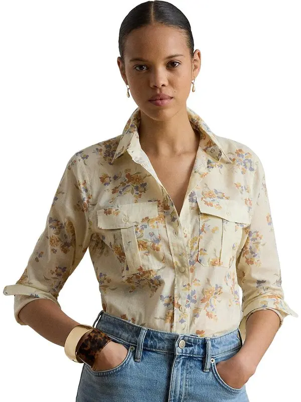 Ralph Lauren Classic Fit Floral Cotton Voile Shirt - Cream Multi