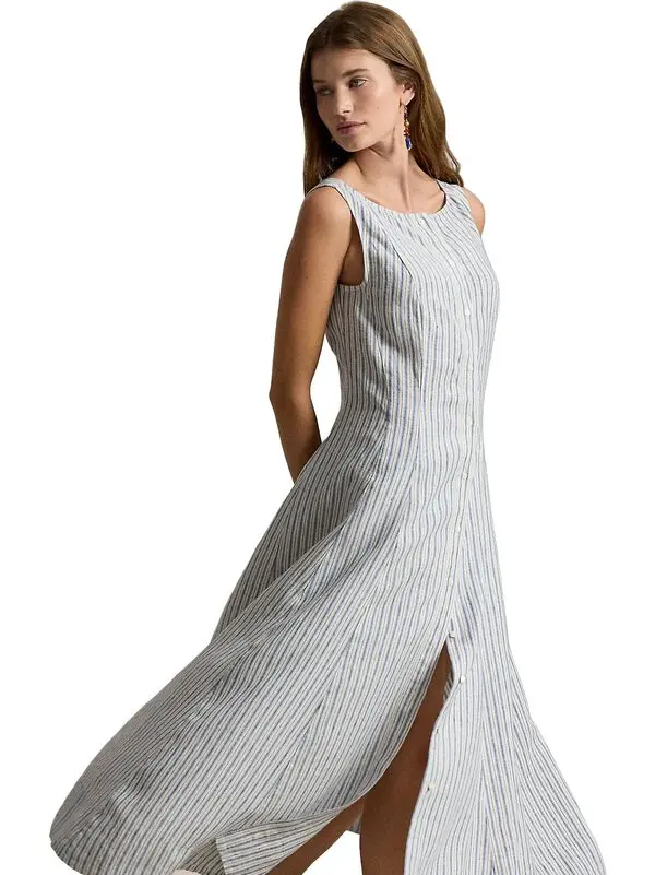 Ralph Lauren Striped Paneled Linen Dress - Blue