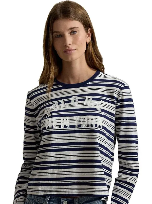 Ralph Lauren Striped Logo Long-sleeve Jersey Tee - Newport Navy/nevis