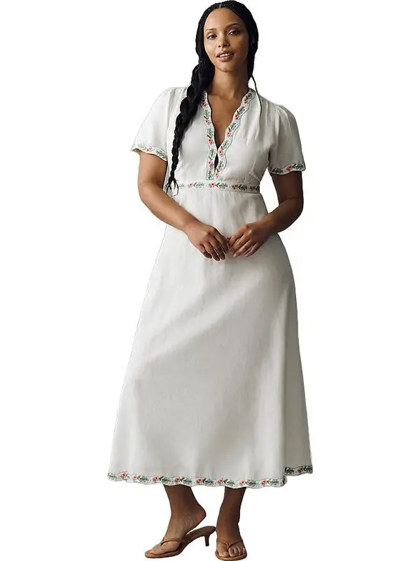 Show Me Your Mumu Thea Plus Cotton Linen Midi Dress By - Wild Meadow Embroidery