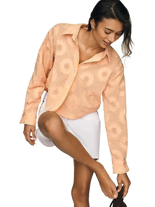 Maeve Floral Crop Button-down Shirt - Light Orange