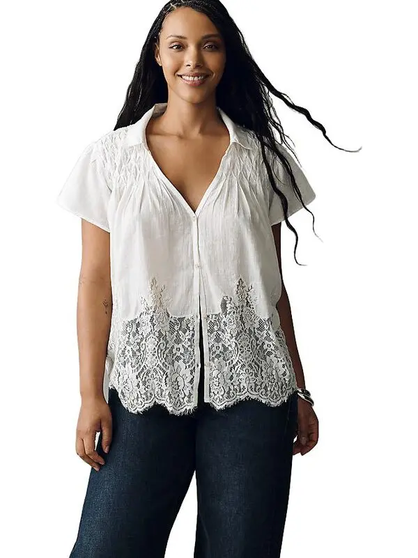 Anthropologie Cotton Lace Buttondown Shirt - White